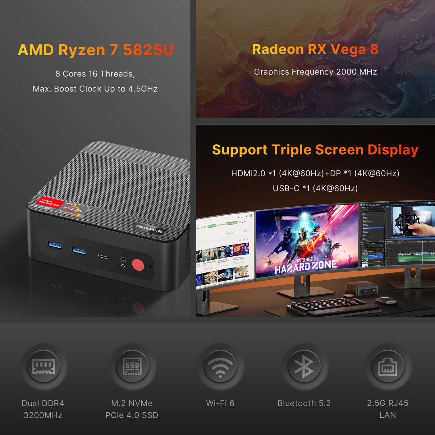 Bosgame P4 Plus mini pc, AMD Ryzen7 5825U Processor, 16GB DDR4+512GB SSD